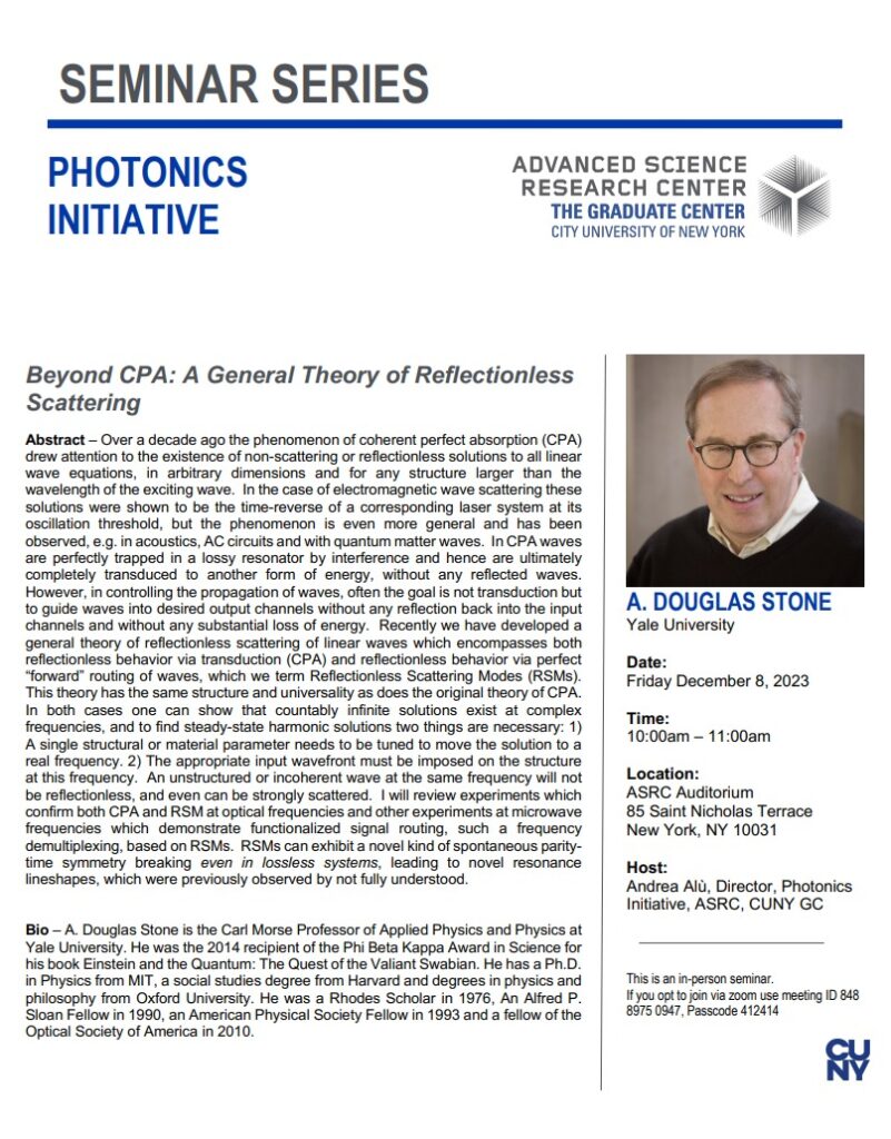 Fall 2023 Photonics Seminar Series: A. Douglas Stone, Yale University ...
