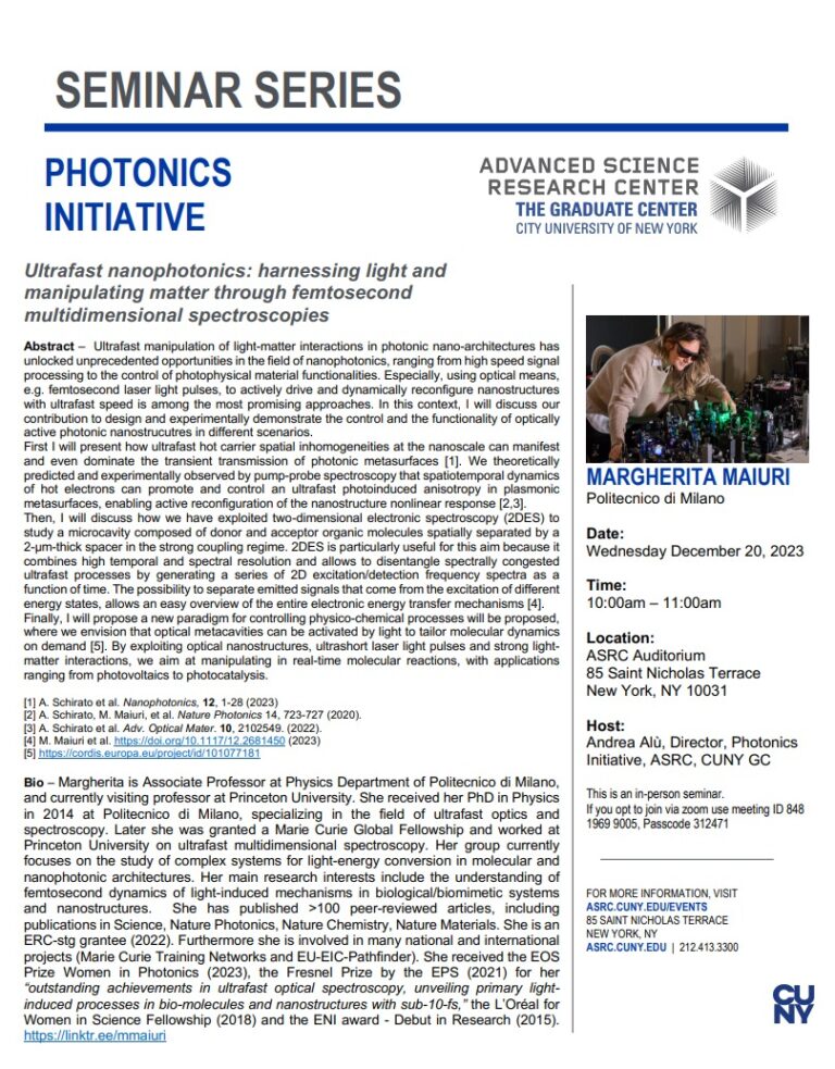 Fall 2023 Photonics Seminar Series: Margherita Maiuri, Politecnico de Milano – The Advanced ...