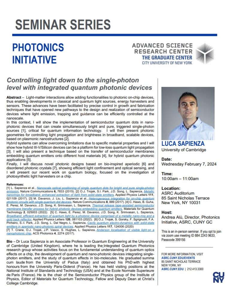 Spring 2024 Photonics Seminar Series: Luca Sapienza, University of Cambridge – The Advanced ...